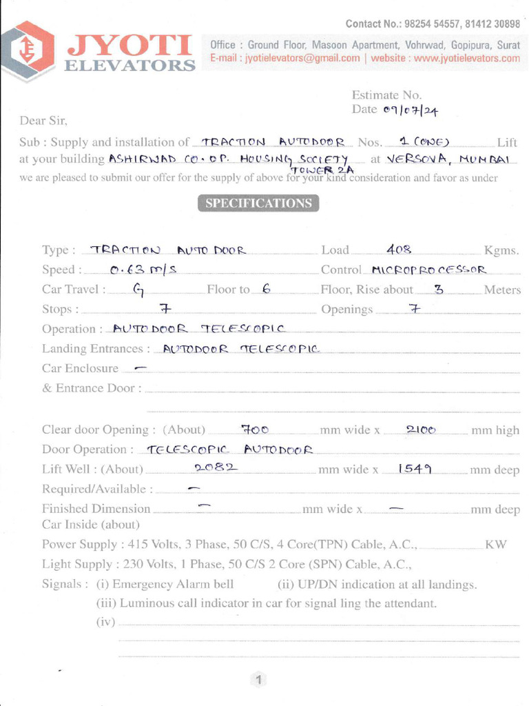 JYOTI ELEVATORS ASHIRWAD 2A QUOTATION-compressed | PDF