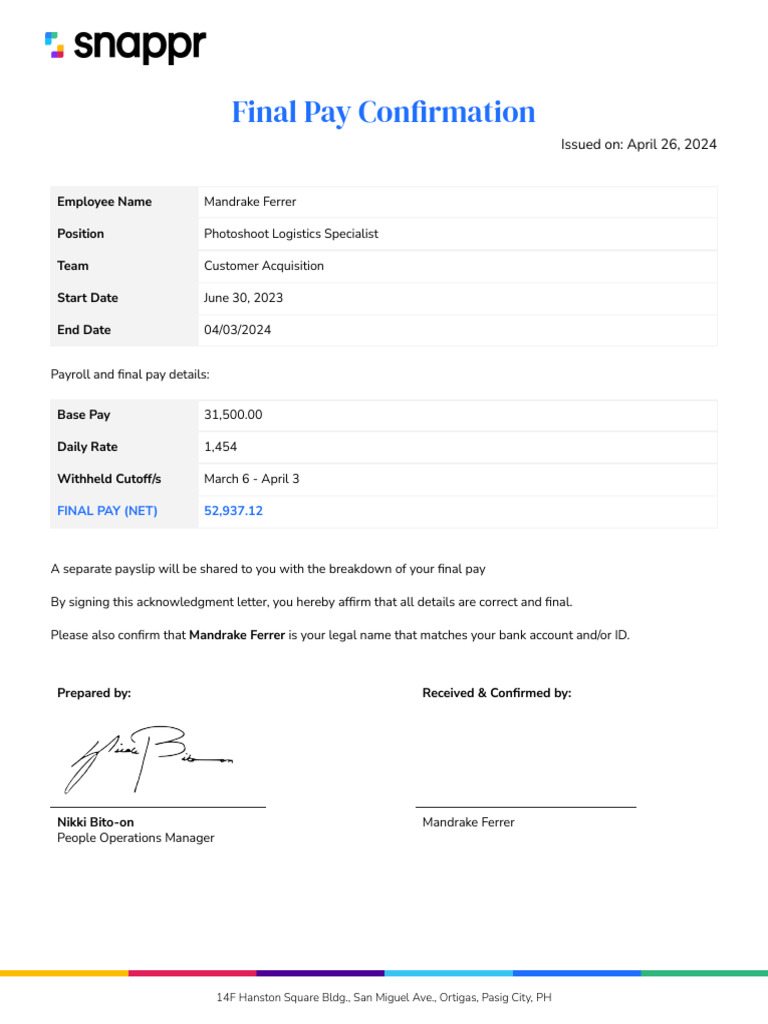 Final Pay Confirmation Letter - Mandrake Ferrer | PDF