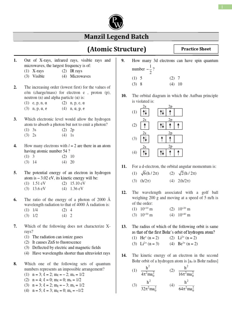 Atomic structure _ Practice Sheet Notes __ Manzil Legends-JEE | PDF ...