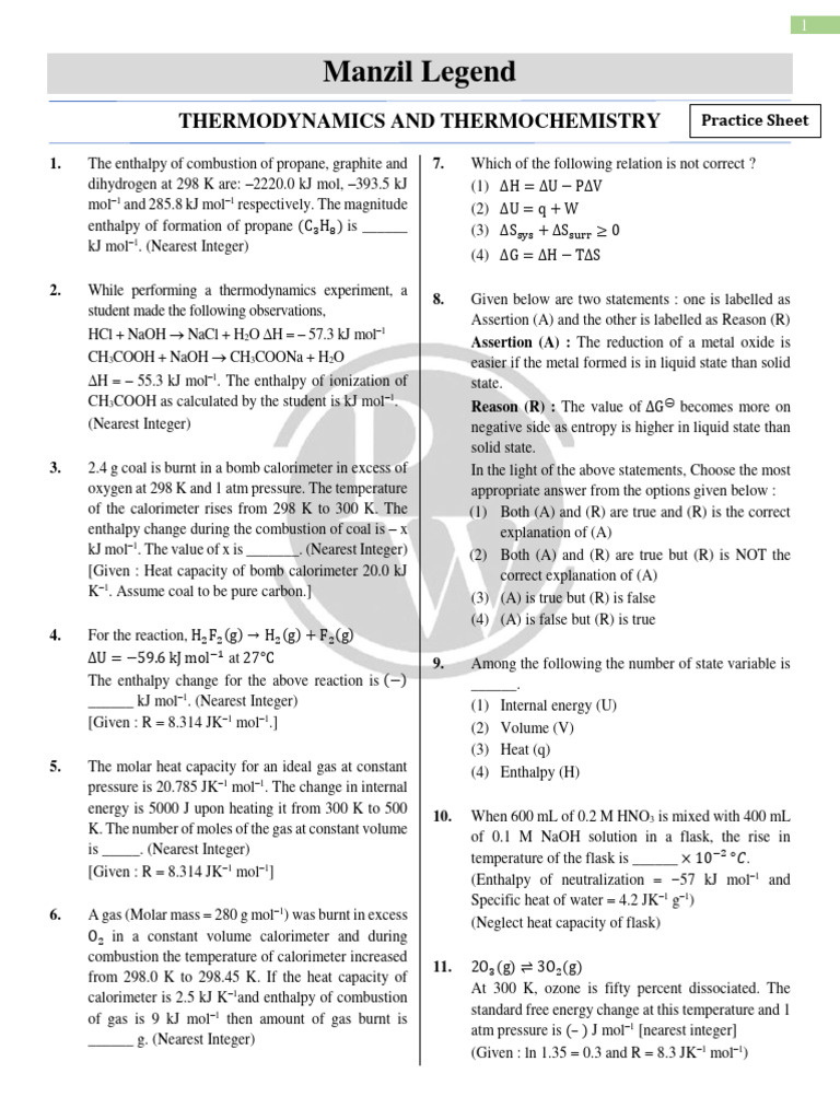 Thermodynamics & Thermochemistry - Practice Sheet - Manzil Legends-JEE | PDF | Enthalpy | Heat ...