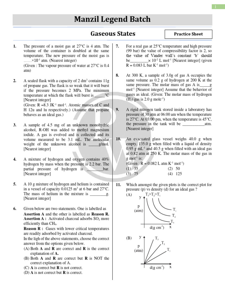 Gaseous State - Practice Sheet - Manzil Legends-JEE | PDF | Gases | Pressure