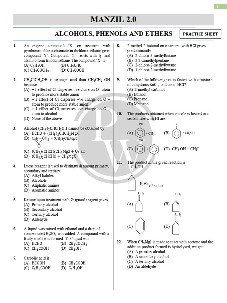 Alcohols, Phenols & Ether - Practice Sheet | PDF | Ether | Organic ...