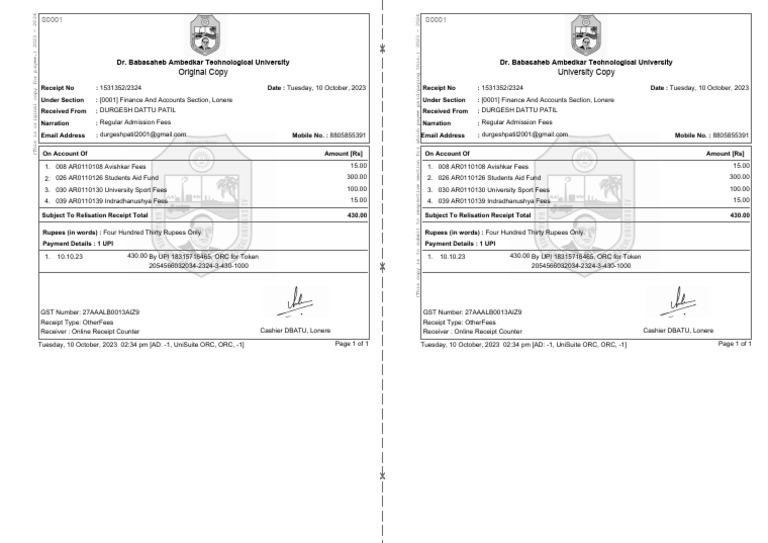Original Copy University | PDF | Payments | Receipt