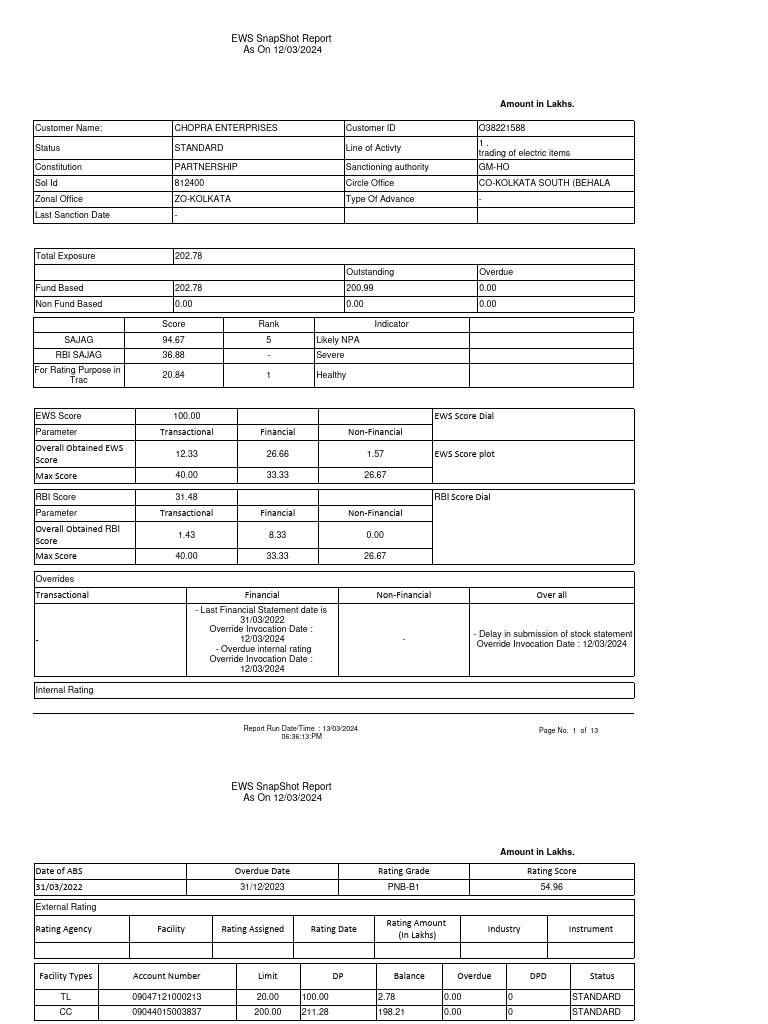 Chopra EWS SnapShot Report | PDF | Cheque | Business