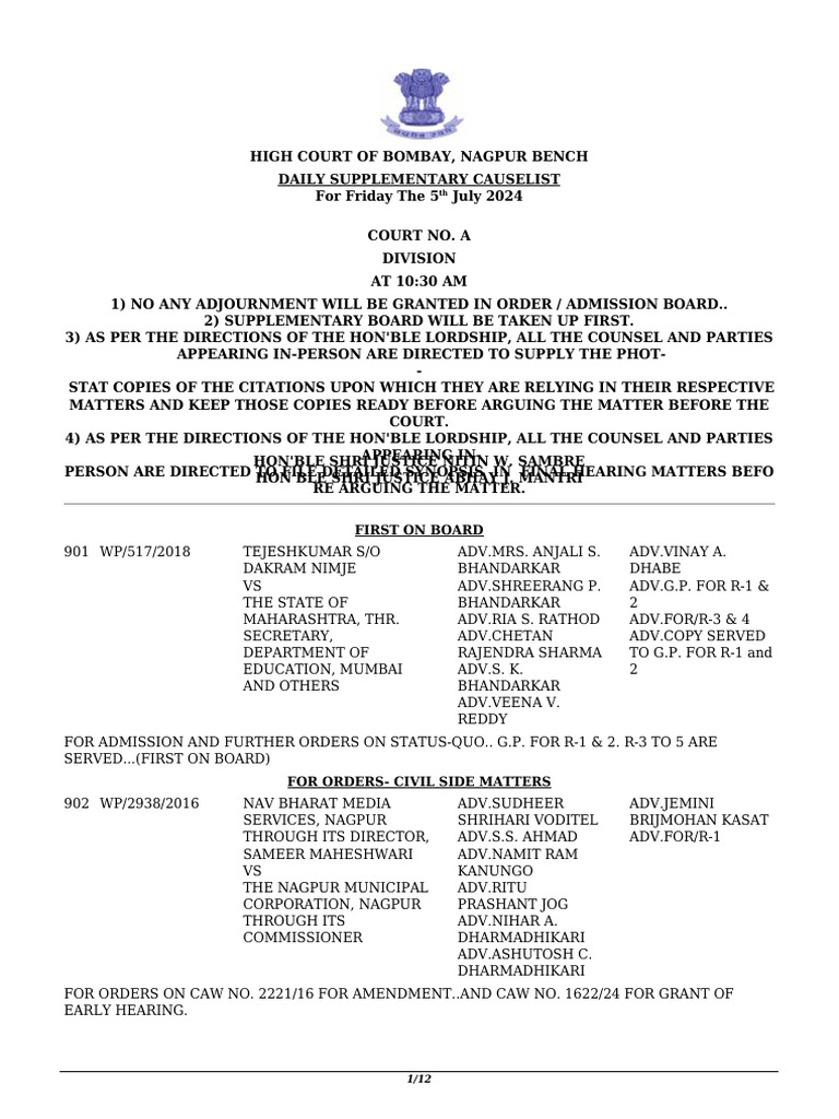 Causelist | PDF | Civil Law (Common Law) | Judiciaries