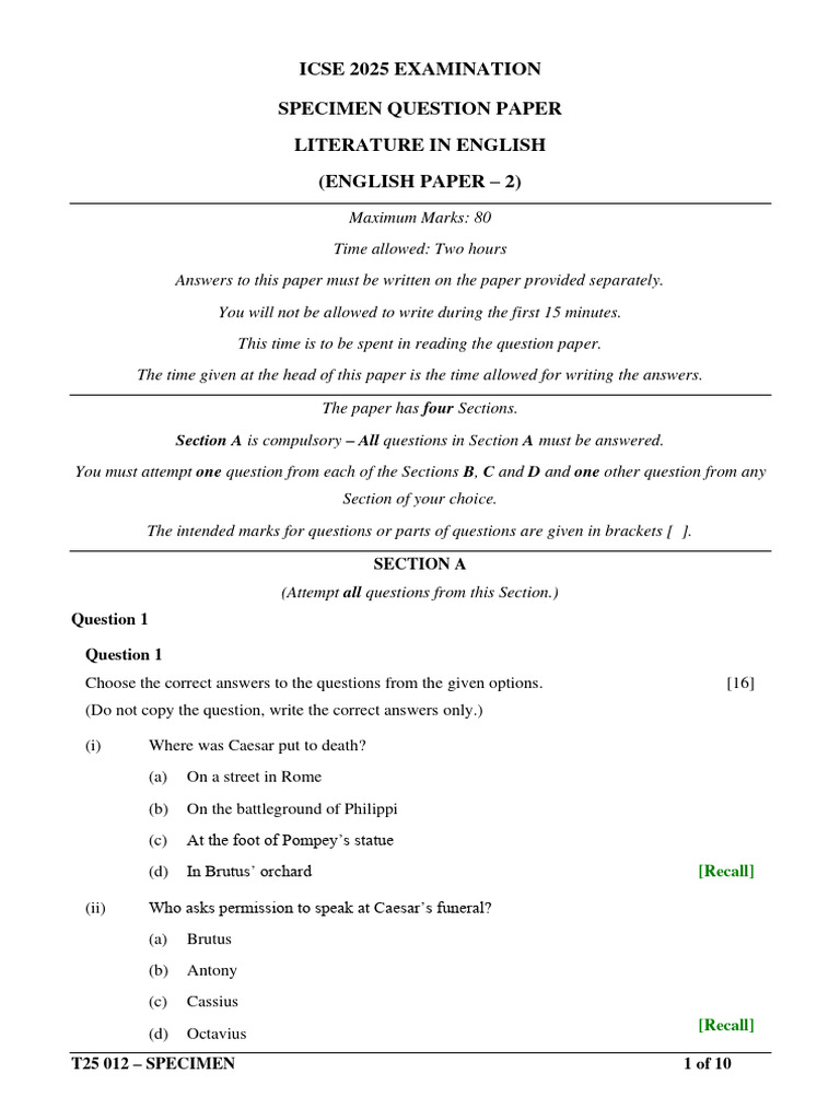 Icse 2025 Specimen - 012 Eng2 | PDF | Julius Caesar | Mark Antony