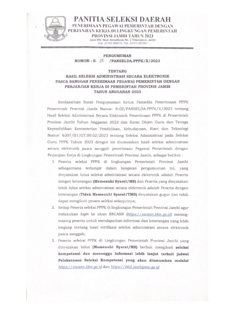 Pengumuman Hasil Seleksi Administrasi Pasca Sanggah PPPK Pemprov Jambi T.A. 2023 | PDF