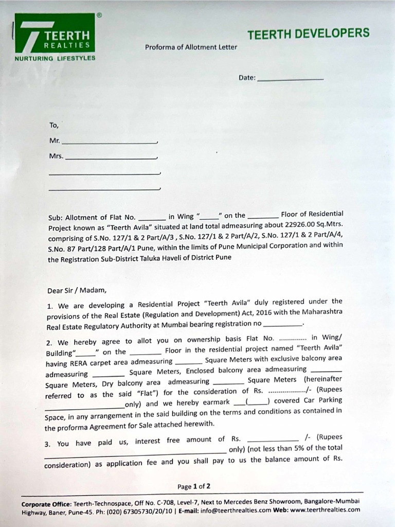 1 Proforma of the allotment letter and agreement for sale | Download ...