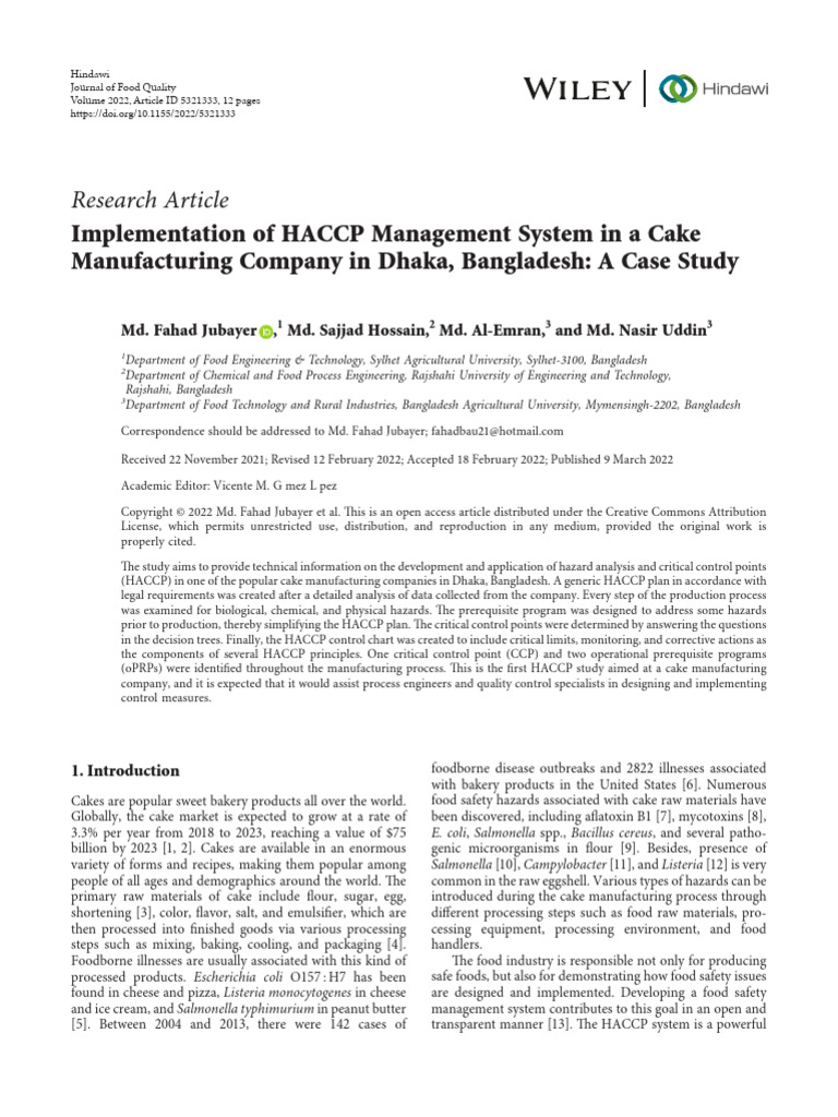 HACCP Implementation in Cake Industry | PDF | Hazard Analysis And ...