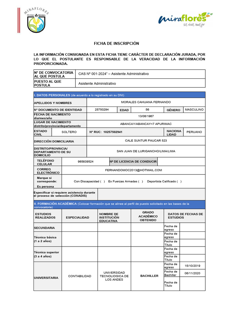 Ficha de Postulacion y Anexos Cas Miraflores 2024 | PDF | Documento de identidad | Aplicaciones ...