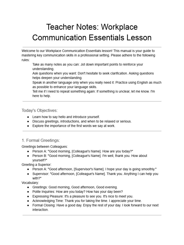 Teacher Notes - Workplace Communication Essentials Lesson | PDF ...