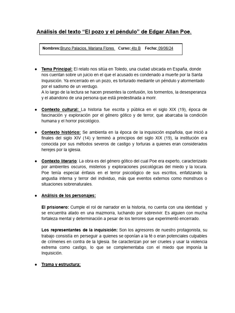 Análisis de "El Pozo y El Péndulo - de Edgar Allan Poe | PDF | Edgar ...