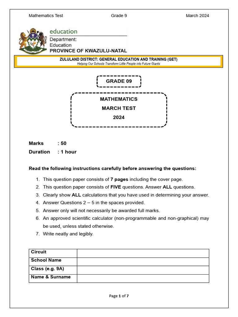 Grade 9 March Test 2024 | Download Free PDF | Numbers | Applied Mathematics