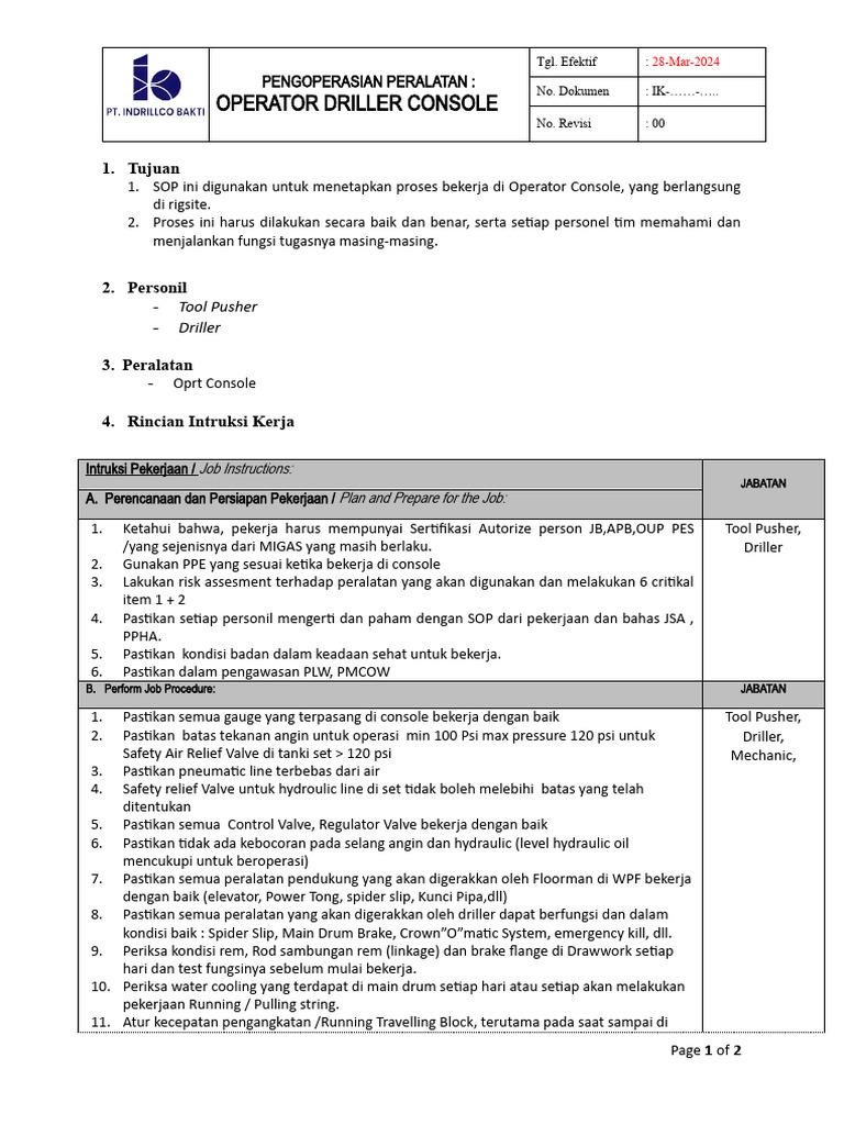 Prosedur Operasi Driller Console | PDF