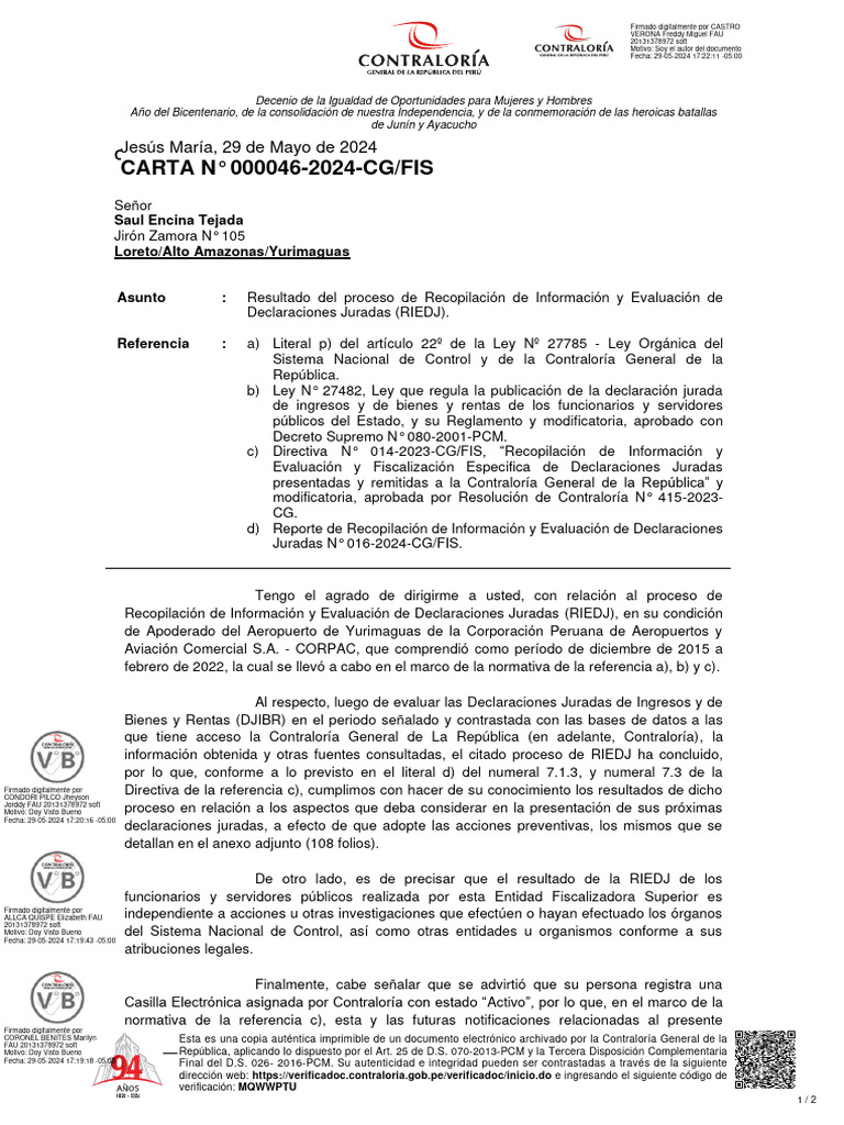 Carta 000046-2024-CG-FIS | PDF | Gobierno