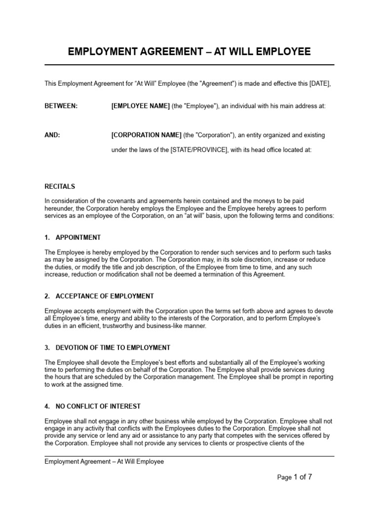 Employment Agreement - at Will Employee | PDF | Employment | Legal Remedy