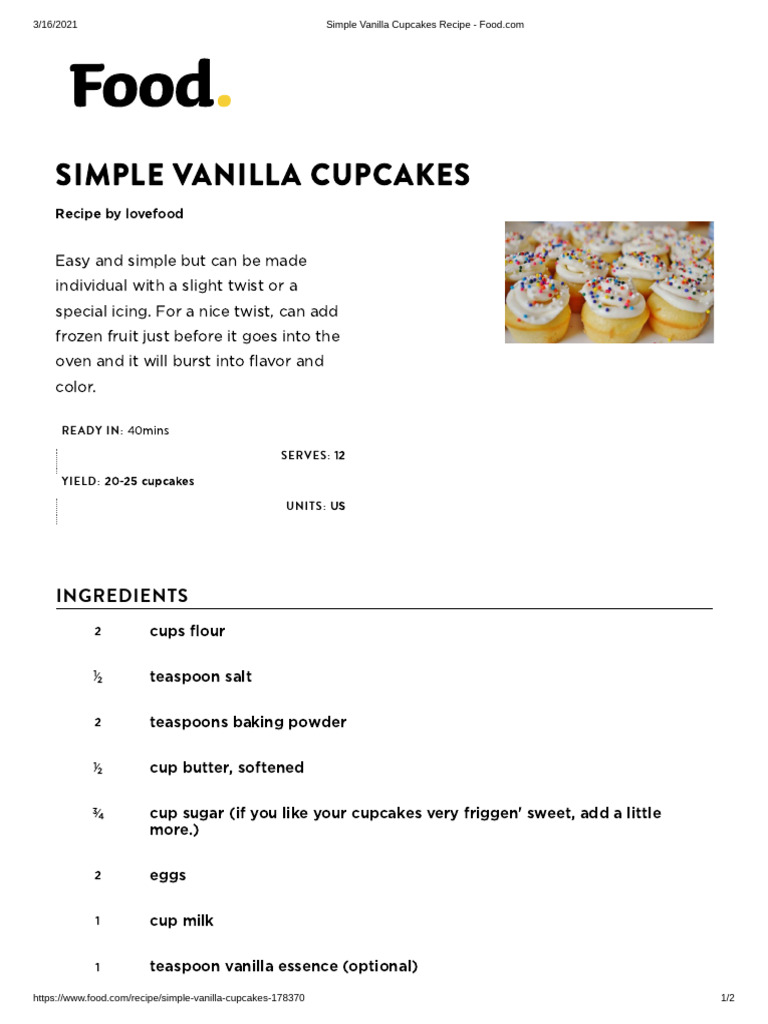 Simple Vanilla Cupcakes Recipe Food Pdf Cupcake Fat