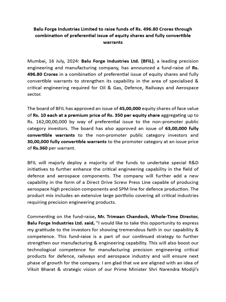 Balu Forge Raises ₹496.80 Crores for Growth | PDF | Rail Transport ...