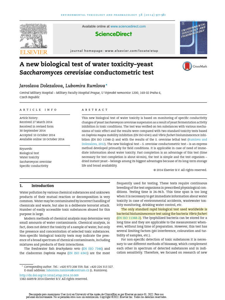 A New Biological Test of Water Toxicity-Yeast Saccharomyces Cerevisiae ...