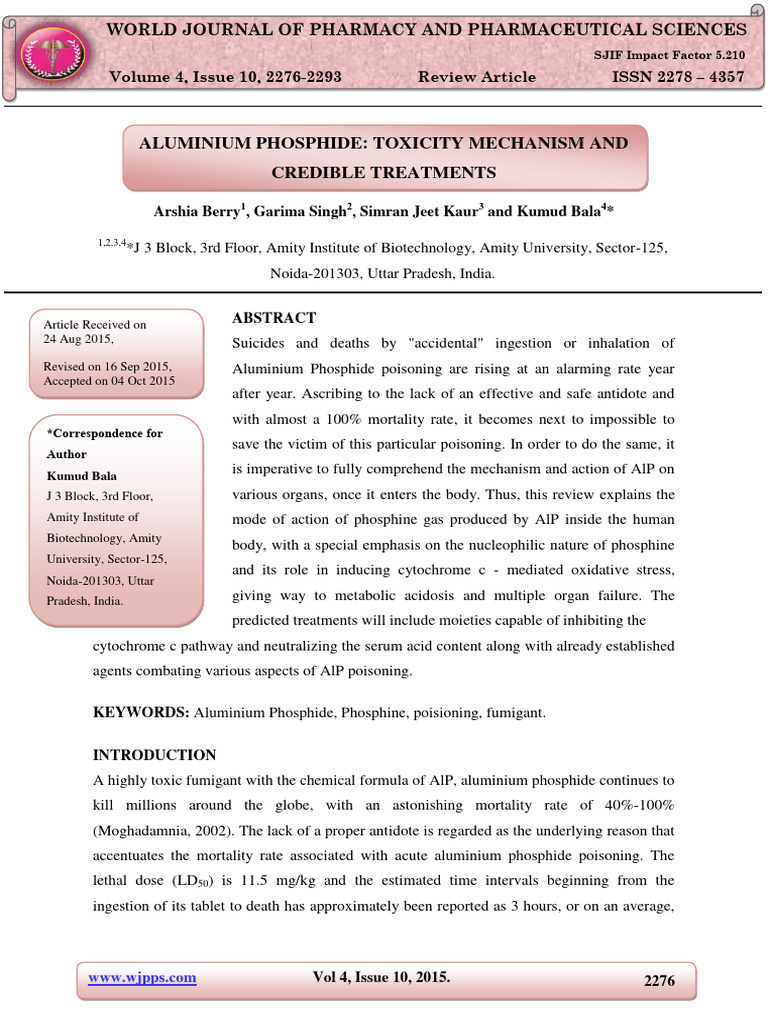 Aluminium Phosphide Toxicity and Treatments | PDF | Reactive Oxygen ...