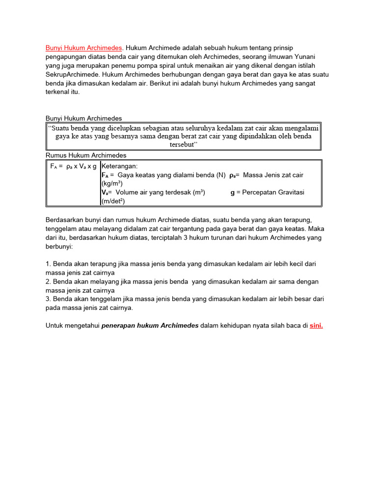 Bunyi Hukum Archimedes | PDF | Ilmu Sosial | Sains & Matematika