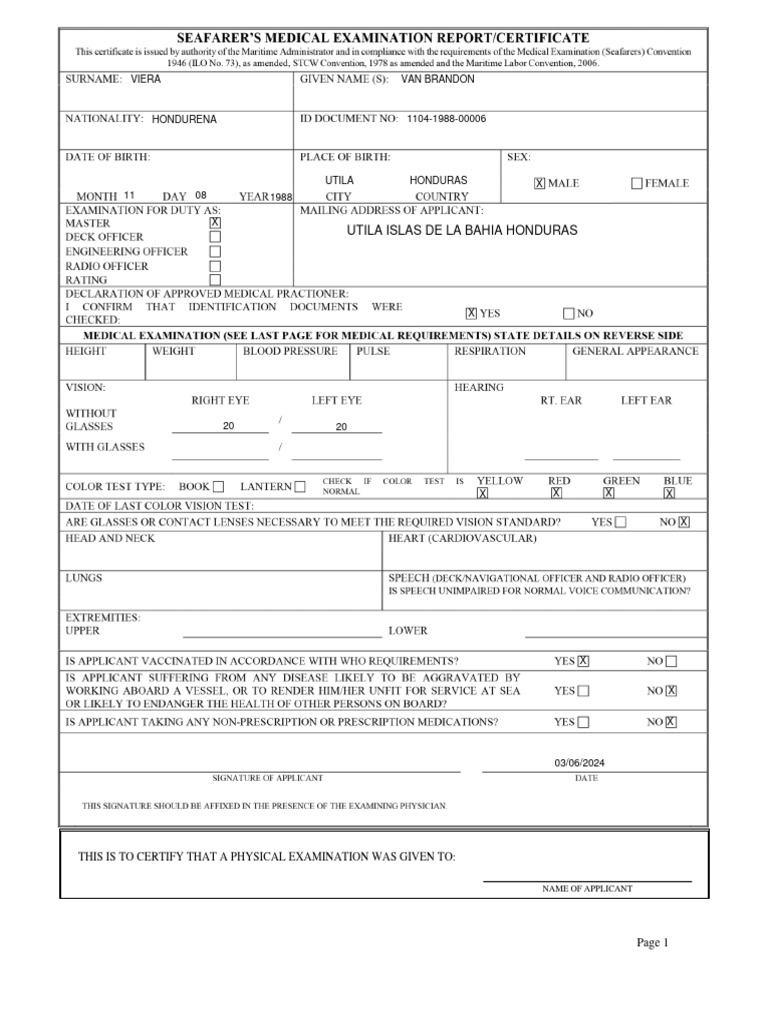 Seafarer Medical Examination Certificate | PDF | Physical Examination ...