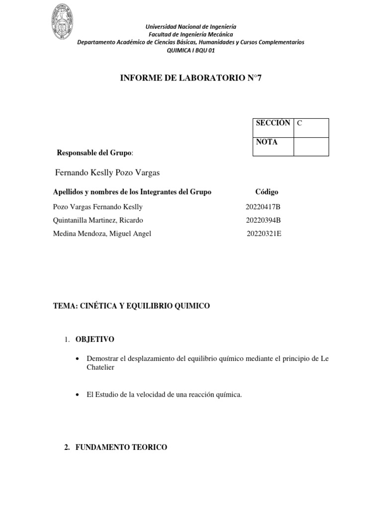 Informe de Laboratorio #7 | PDF | Cinética química | Equilibrio químico