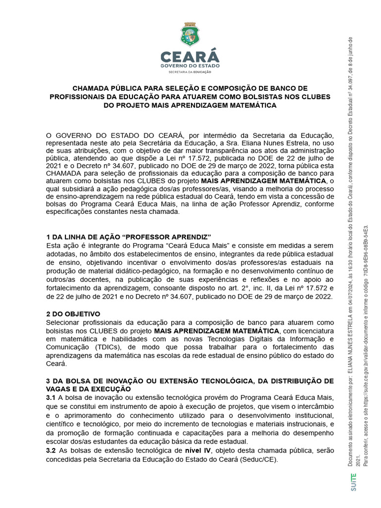 21 2024 Chamada Publica para Clubes Mais Aprendizagem Matematica PDF | PDF | Pedagogia | Aprendizado