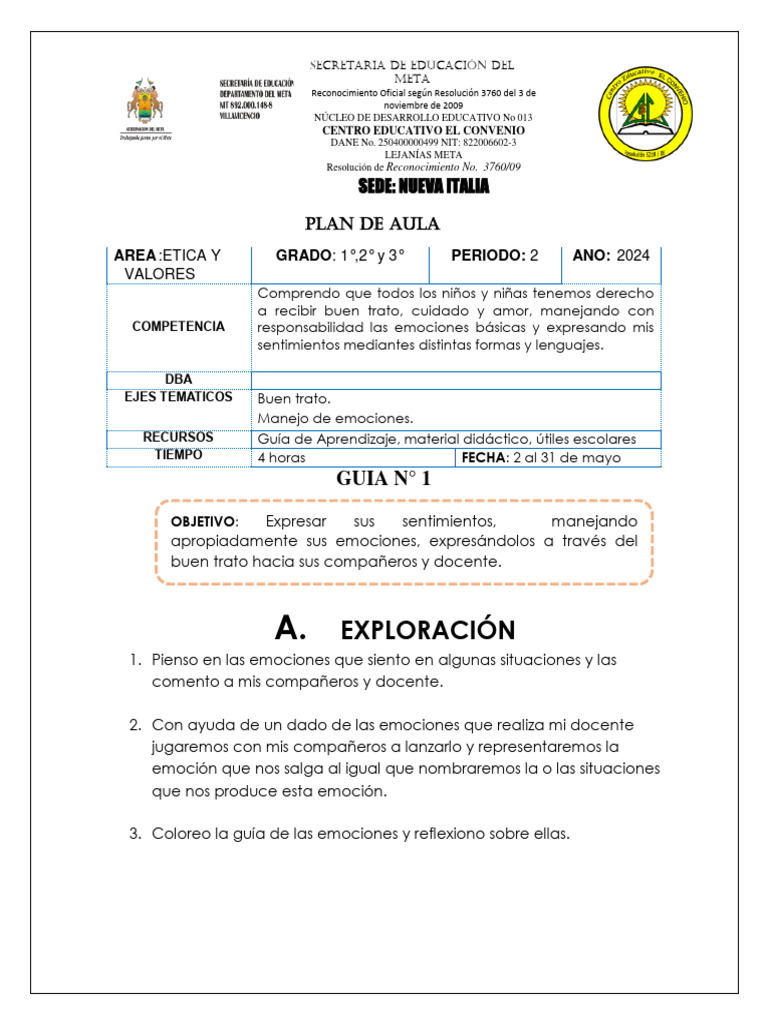 PLAN DE AULA Etica (1°,2°,3°) 2do Periodo... | PDF | Las emociones | Aprendizaje