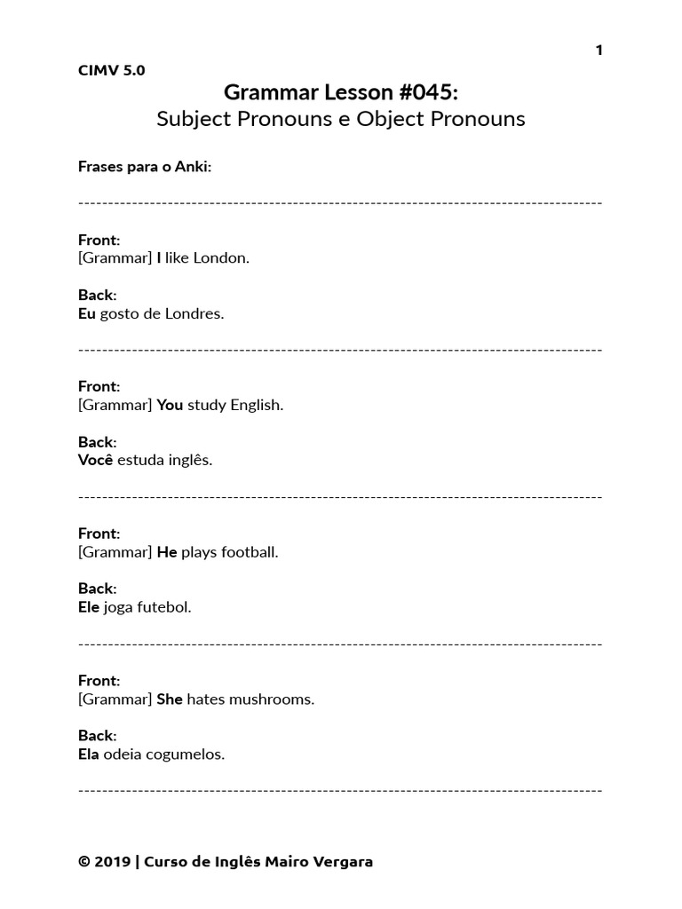PDF Grammar Lesson 045 Subject Pronouns e Object Pronouns | PDF ...