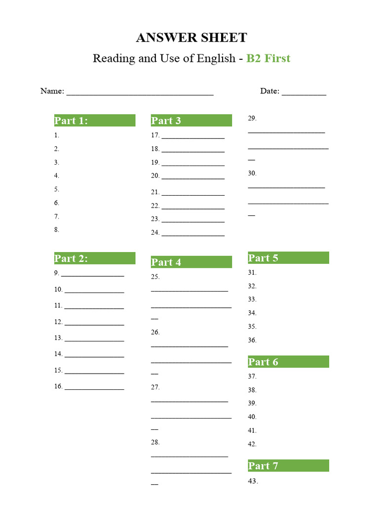 Answer Sheet - B2 First - Reading and Use of English | PDF | Business ...