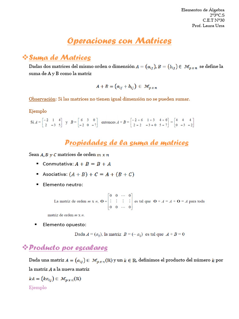 Operaciones Con Matrices | PDF | Matriz (Matemáticas) | Relaciones matematicas