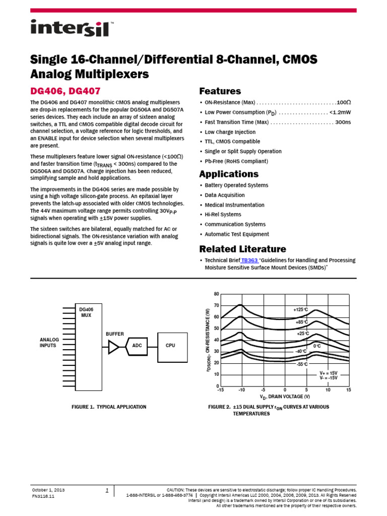 dg406-407 16-Chanel Analog Multiplexer | PDF | Electromagnetism | Manufactured Goods