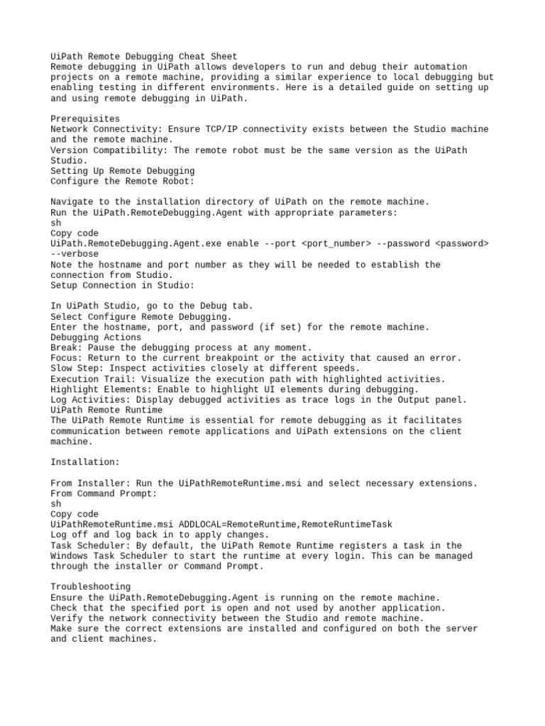 UiPath-ADPv1 Cheat Sheet - Remote Debugging | PDF | Installation (Computer Programs) | Debugging