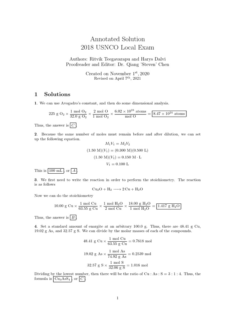 2018 Usnco Local Exam Annotation | PDF | Chemical Bond | Covalent Bond