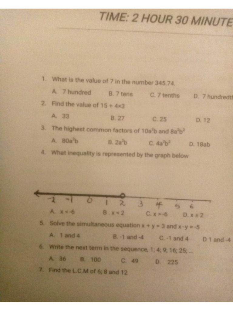 Mid Year Math Paper One Form 2 | PDF