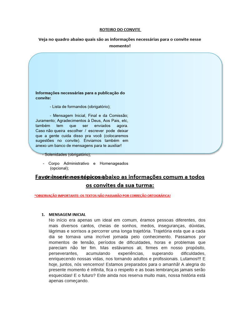 ROTEIRO DO CONVITE Editado | PDF | Amor