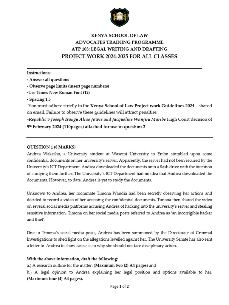 ATP 103 Legal Writing and Drafting Project Work 2024 - ALL CLASSES ...