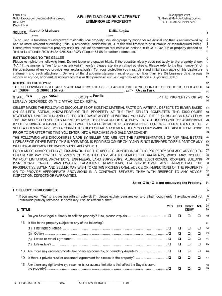 Form 17C - Seller Disclosure - Unimproved Property (7) 2 | PDF ...
