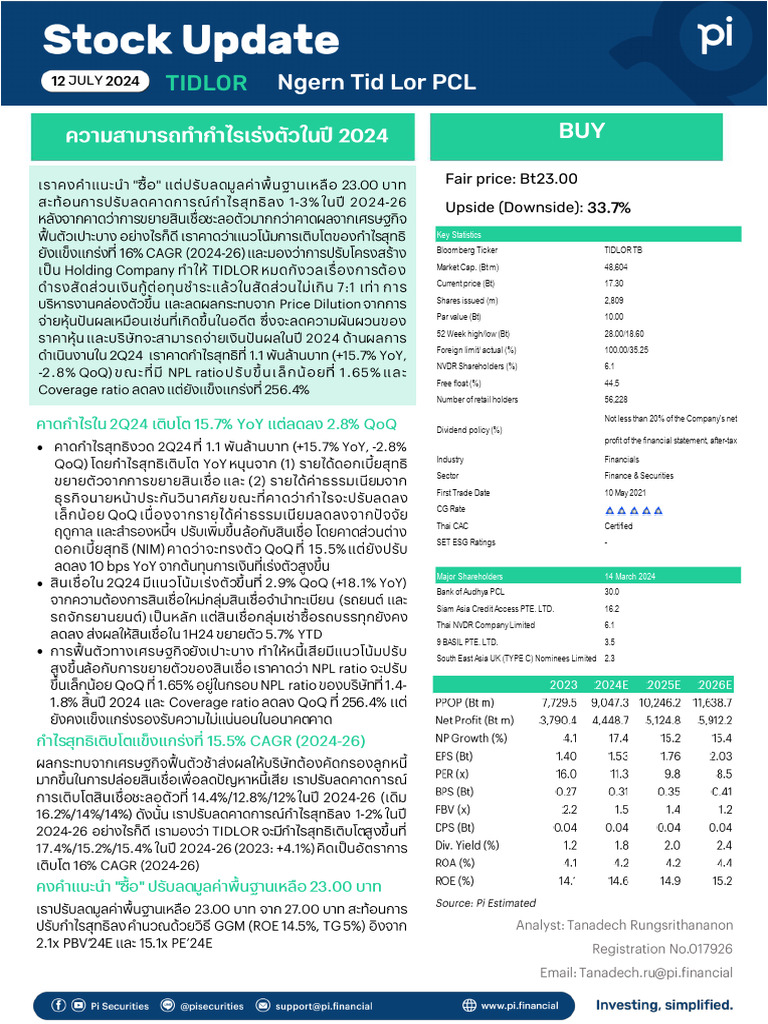 Tidlor: Ngern Tid Lor PCL BUY | PDF | Dividend | Business