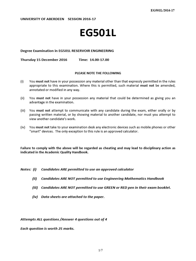 EG501L Reservoir Engineering, Exam Paper, December 2016 | PDF ...