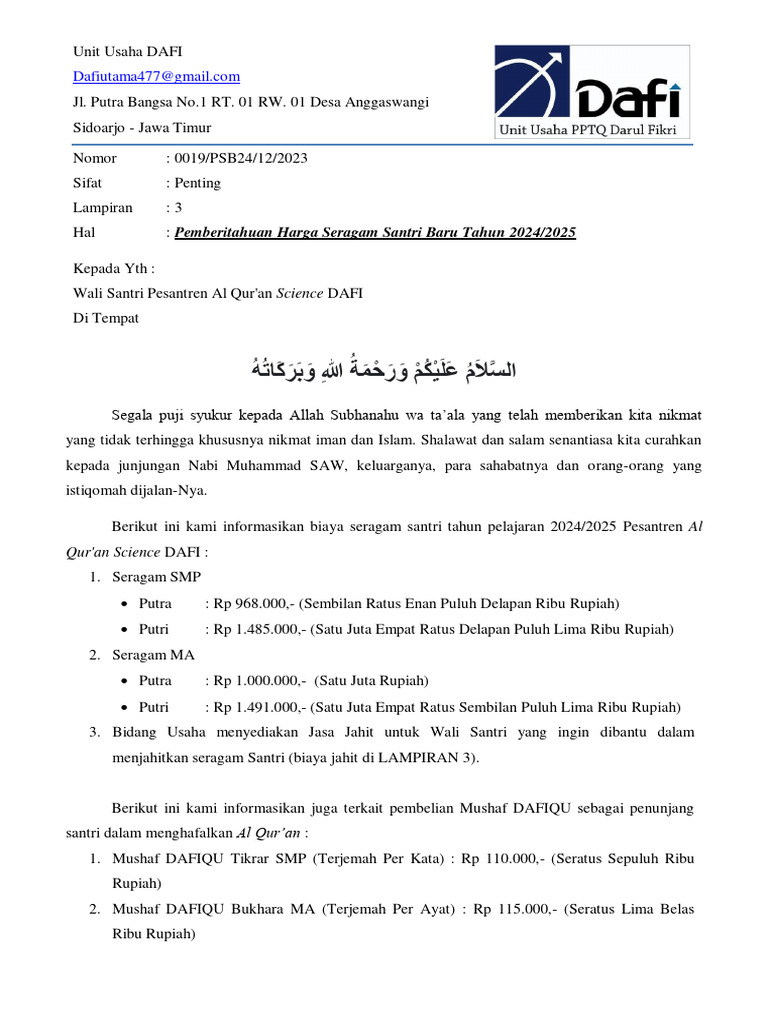 Harga Seragam Santri 2024/2025 DAFI | PDF