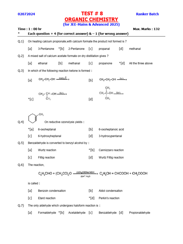 JEE 2025 Organic Chemistry Test | PDF | Aldehyde | Organic Chemistry
