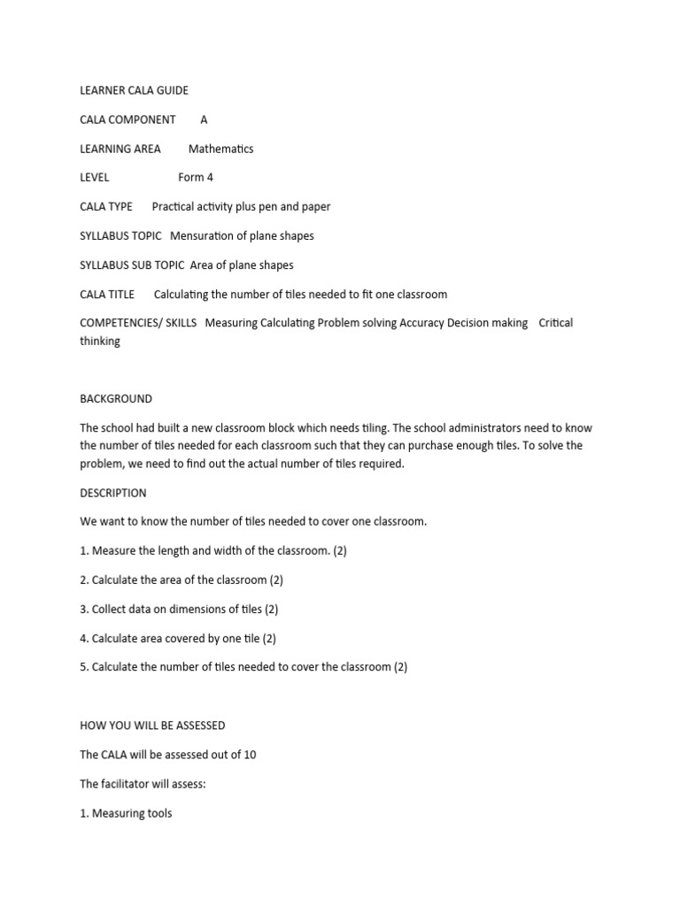 Tile Calculation for Classroom Tiling | PDF | Area | Mathematics