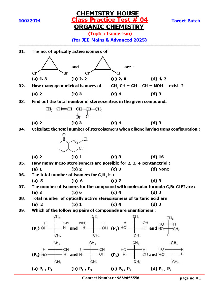 Class Practice Test # 04 Isomerism - 240712 - 132108 | PDF | Isomer ...