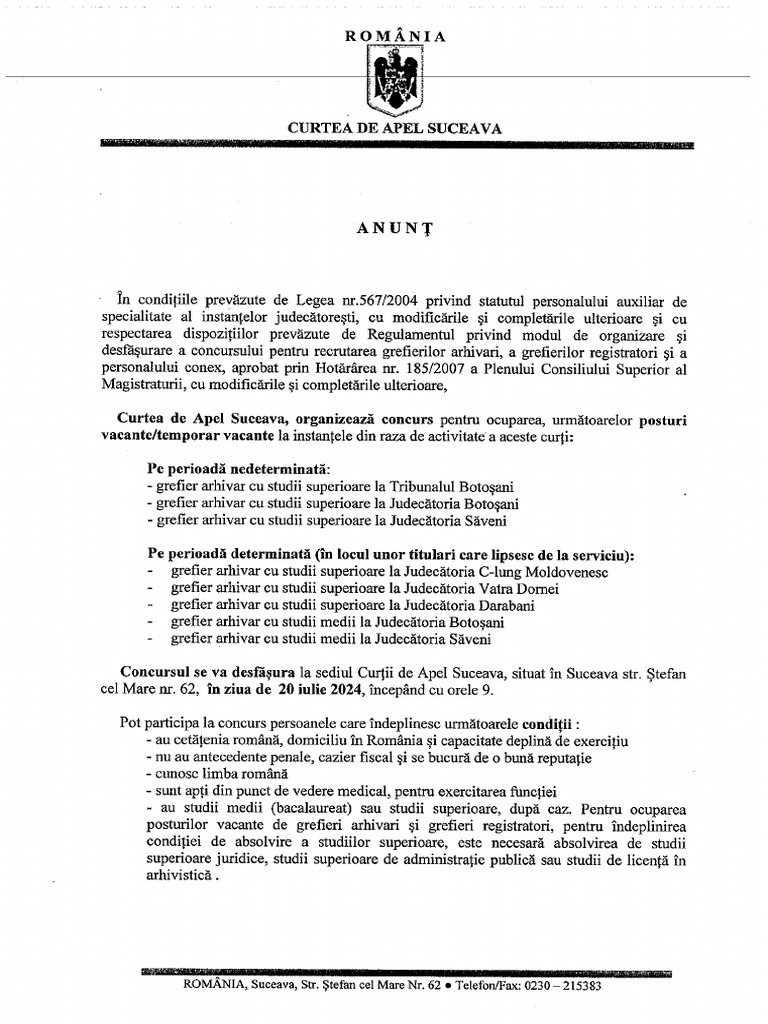 Anunt Concurs Recrutare Grefieri Arhivari 20.06.2024 | PDF