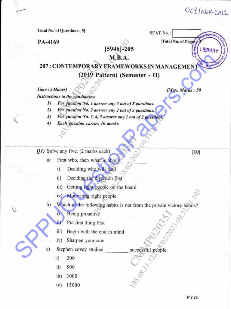 Postgraduate PG - Mba - Semester 2 - 2022 - November - Contemporary Frameworks in Management ...