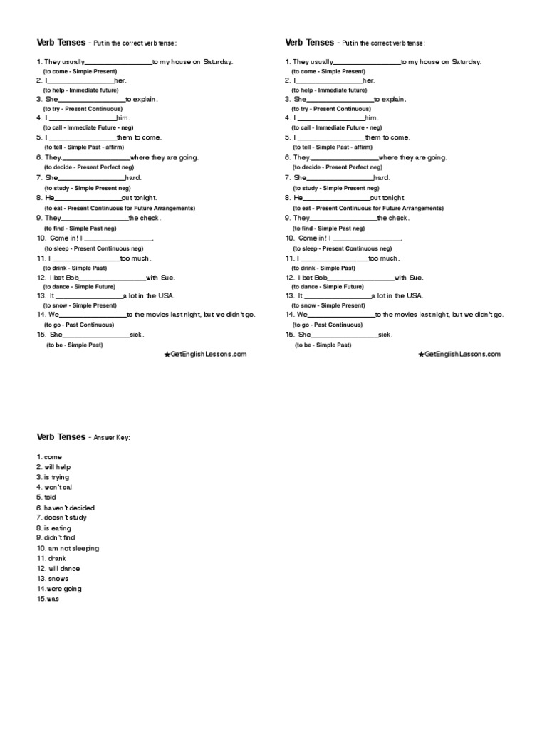 Verb Tenses Worksheet | PDF