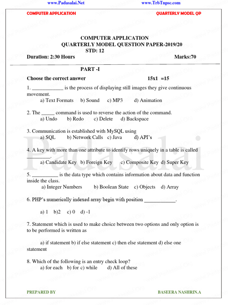 12th Computer Applications Quarterly Exam Model Question Papers 2019 English Medium | PDF ...