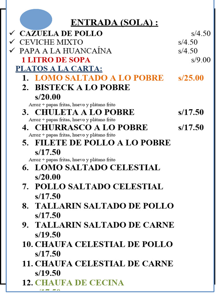 Menú variado de platos peruanos | PDF | Cocina, comidas y vino
